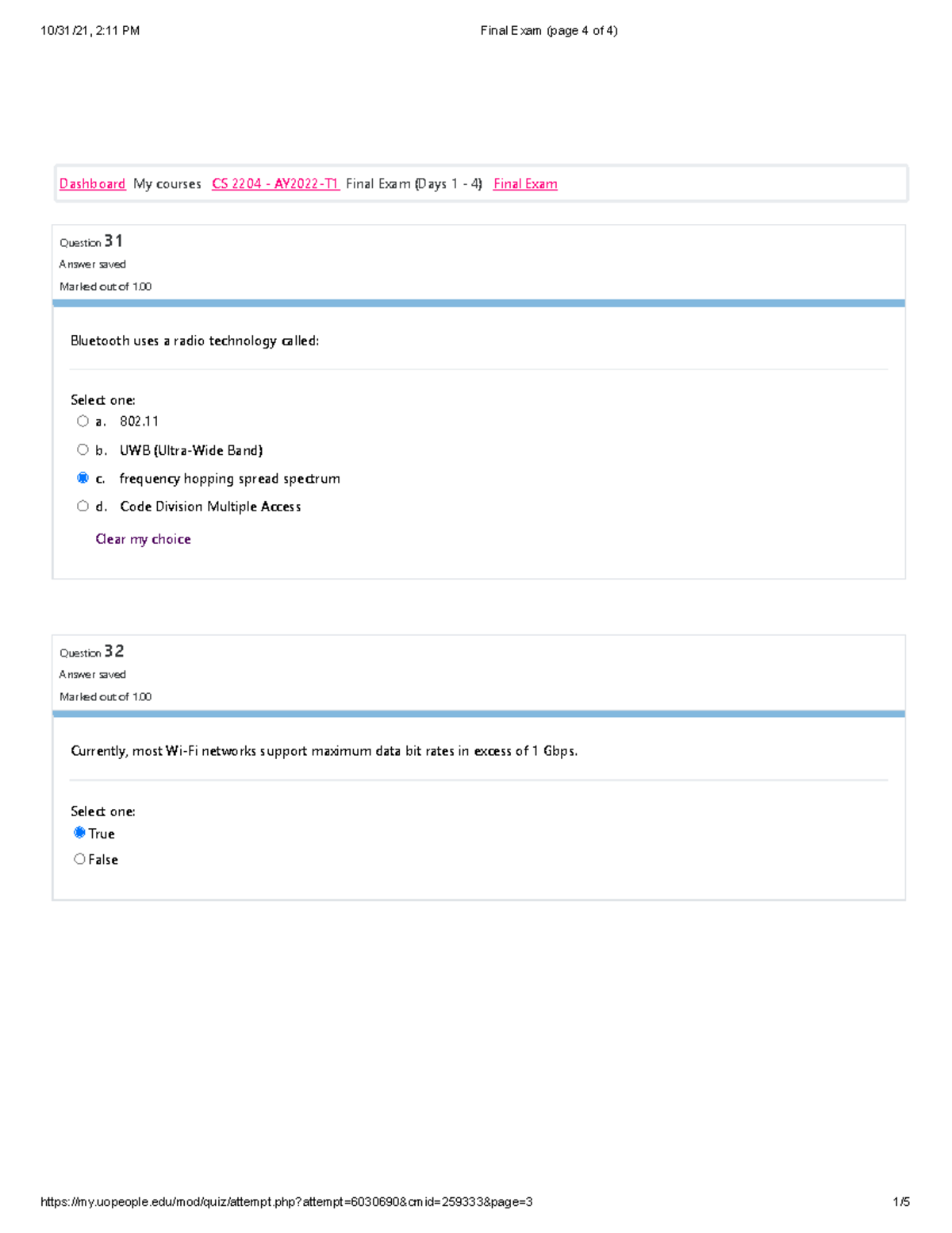 Final Exam (page 4 of 4) - Question 31 Answer saved Marked out of 1 ...