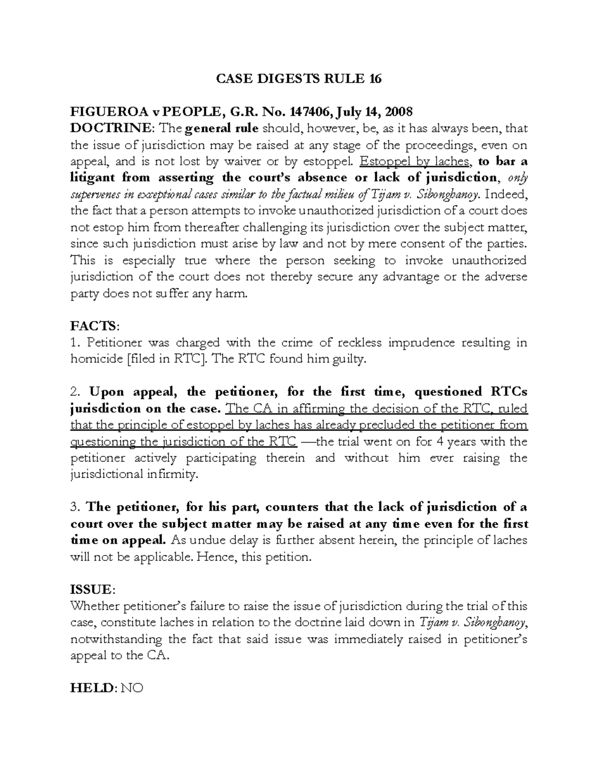 CASE Digests RULE 16 - CASE DIGESTS RULE 16 FIGUEROA v PEOPLE, G. No ...