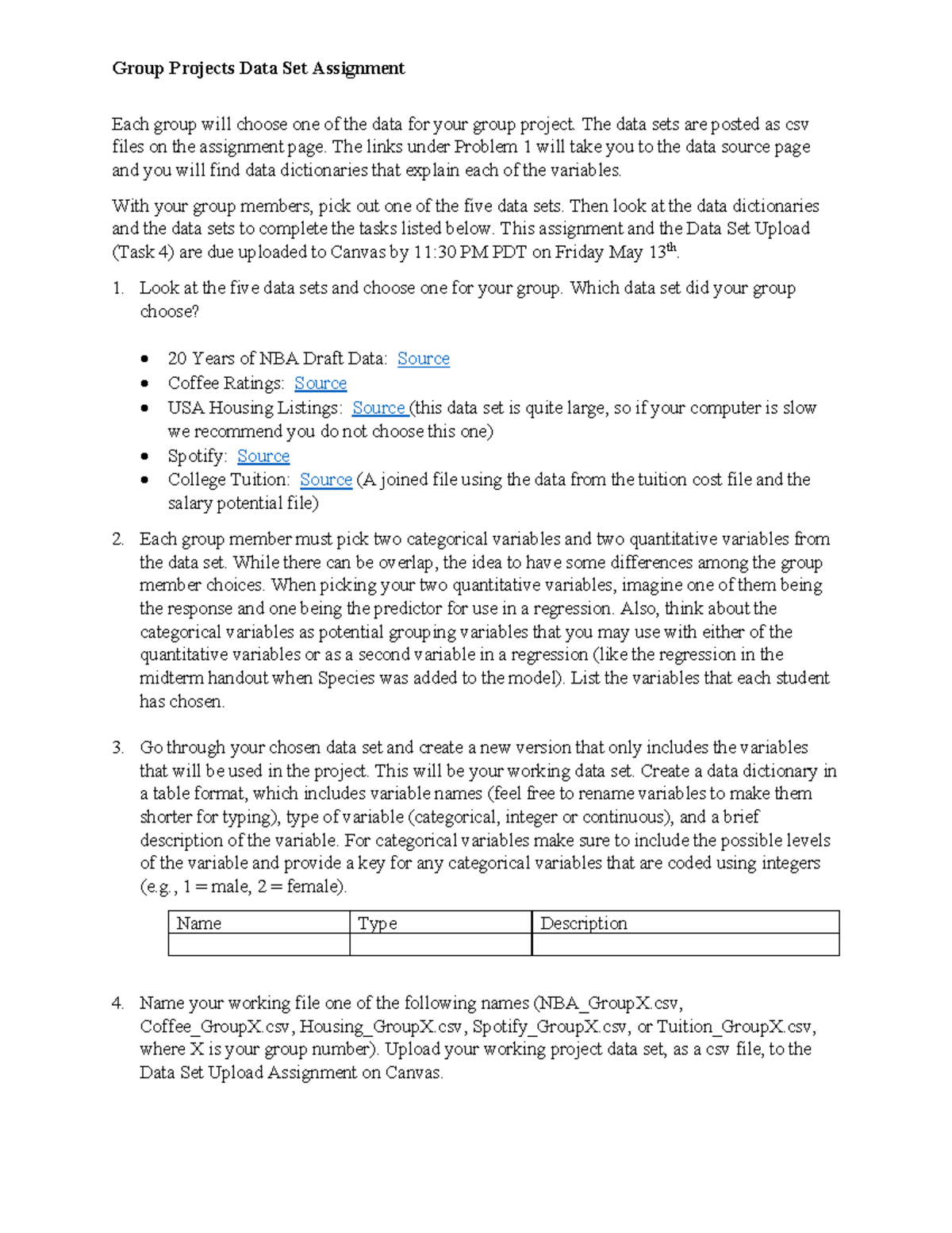 1 - abc - Group Projects Data Set Assignment Each group will choose one ...