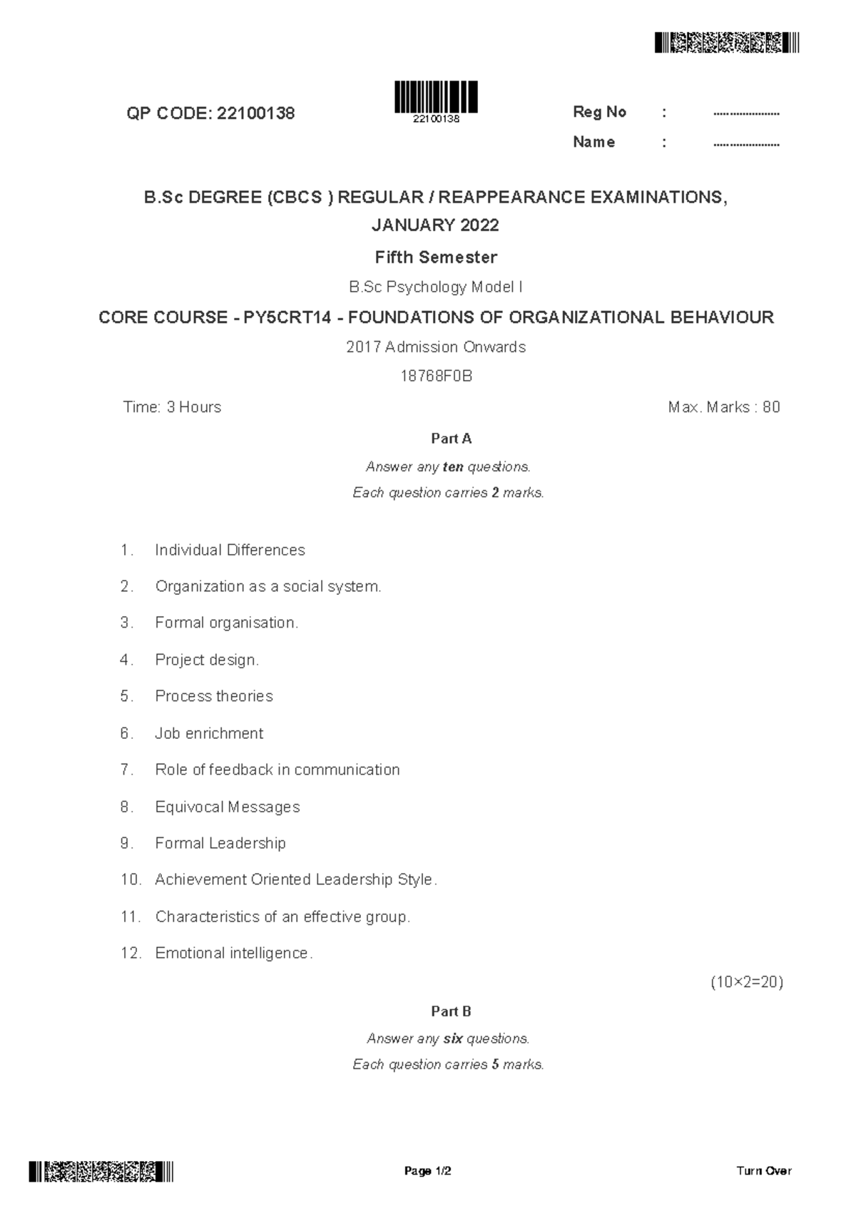 QP foundations-of-organizational-behaviour - QP CODE: 22100138 Reg No