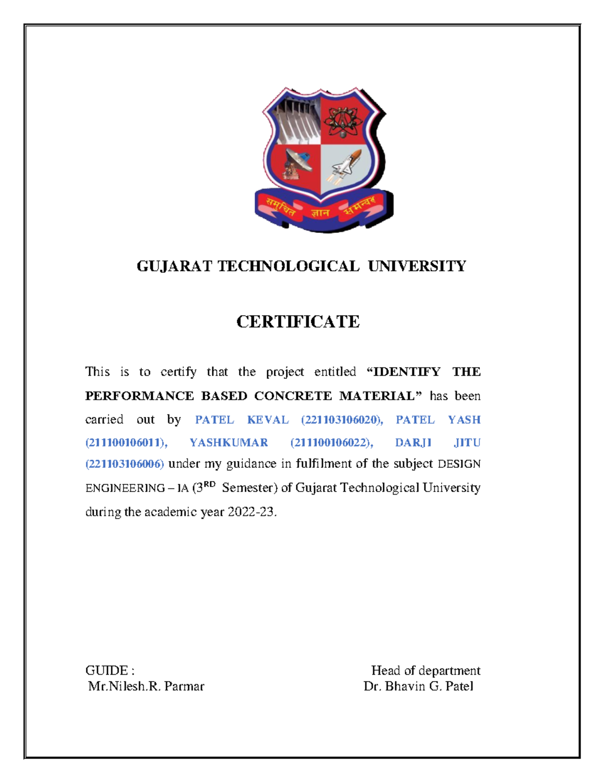 Report merged - GUJARAT TECHNOLOGICAL UNIVERSITY CERTIFICATE This is to certify that the project ...