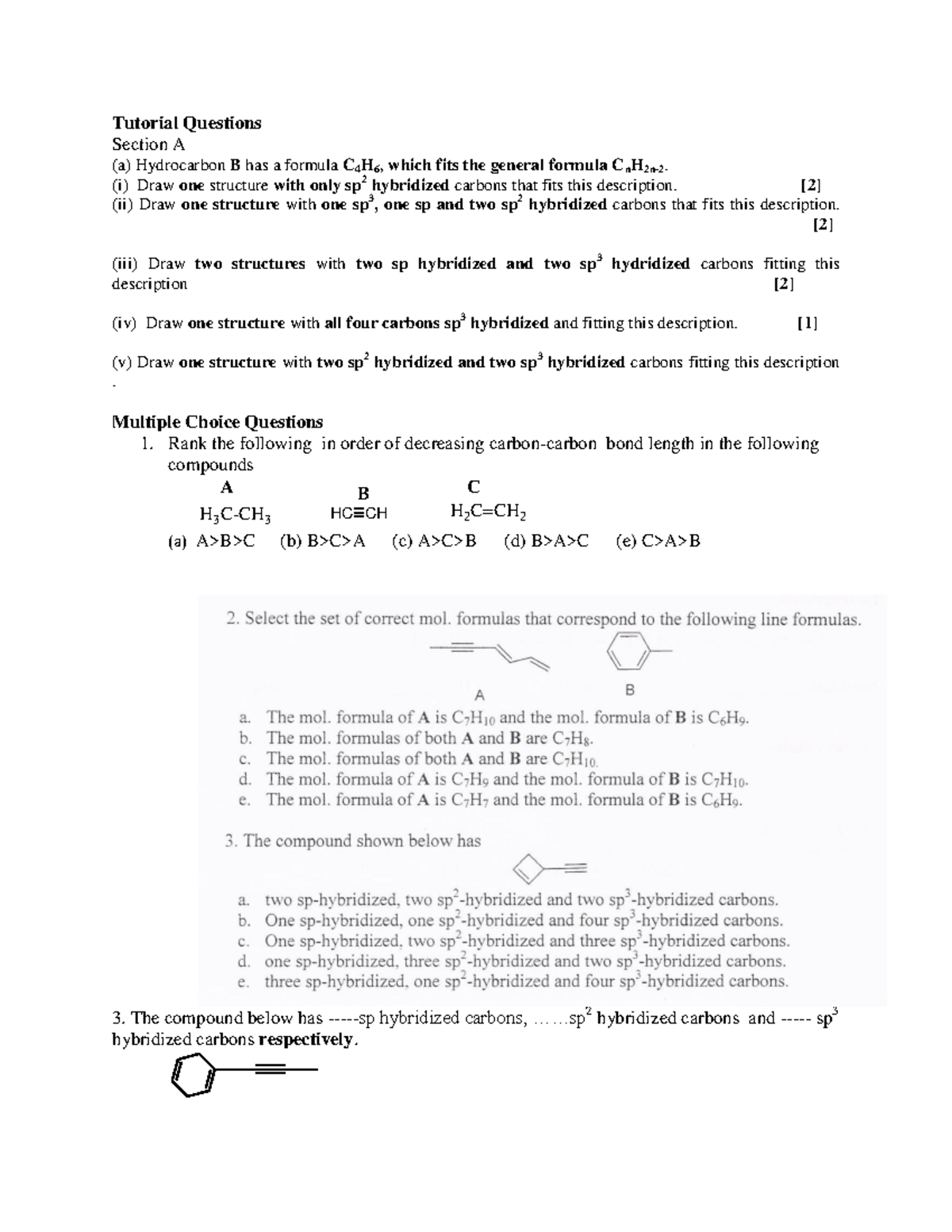 CHE 102 Tutorial Practice Questions - Tutorial Questions Section A (a) Hydrocarbon B has a ...
