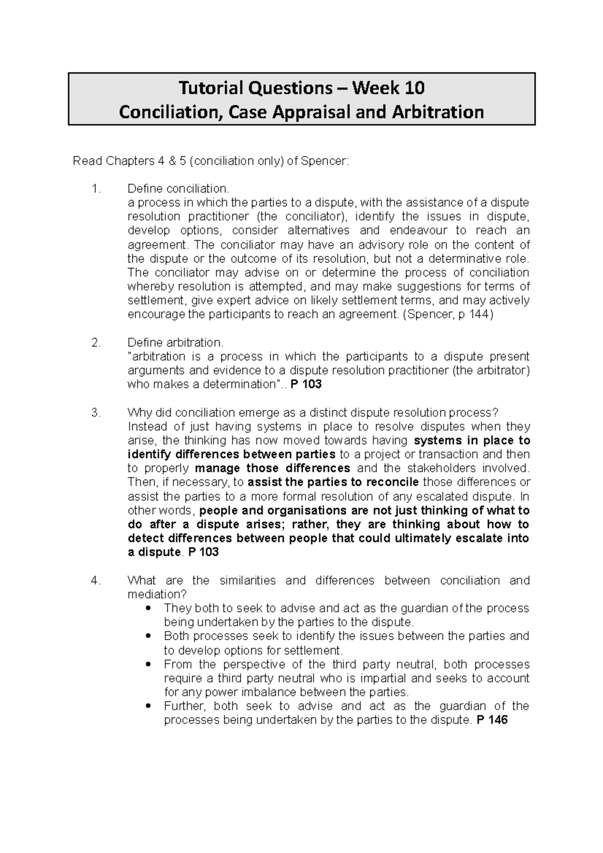 LLB103 Week 10 Tutorial fr - Tutorial Questions – Week 10 Conciliation, Case Appraisal and - Studocu
