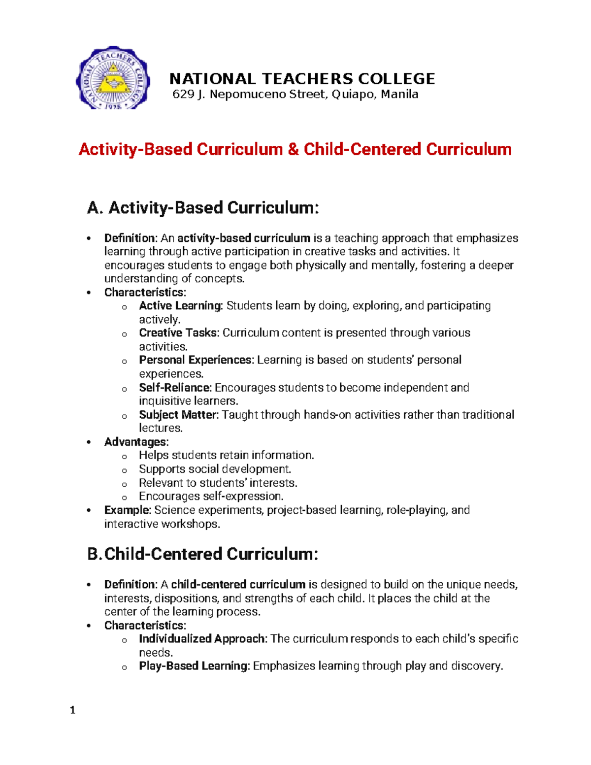 Activity and Child-centered Curriculum - NATIONAL TEACHERS COLLEGE 629 ...