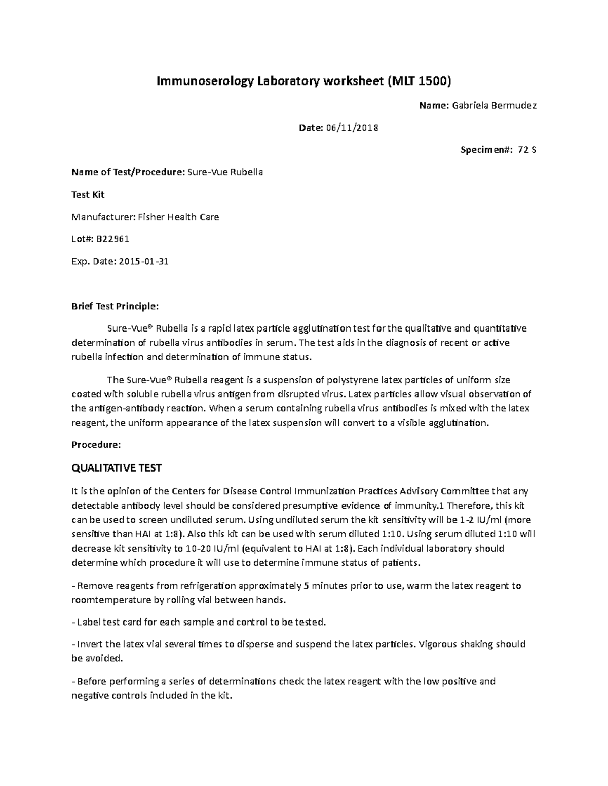 Rubella report - Immunoserology Laboratory worksheet (MLT 1500) Name ...