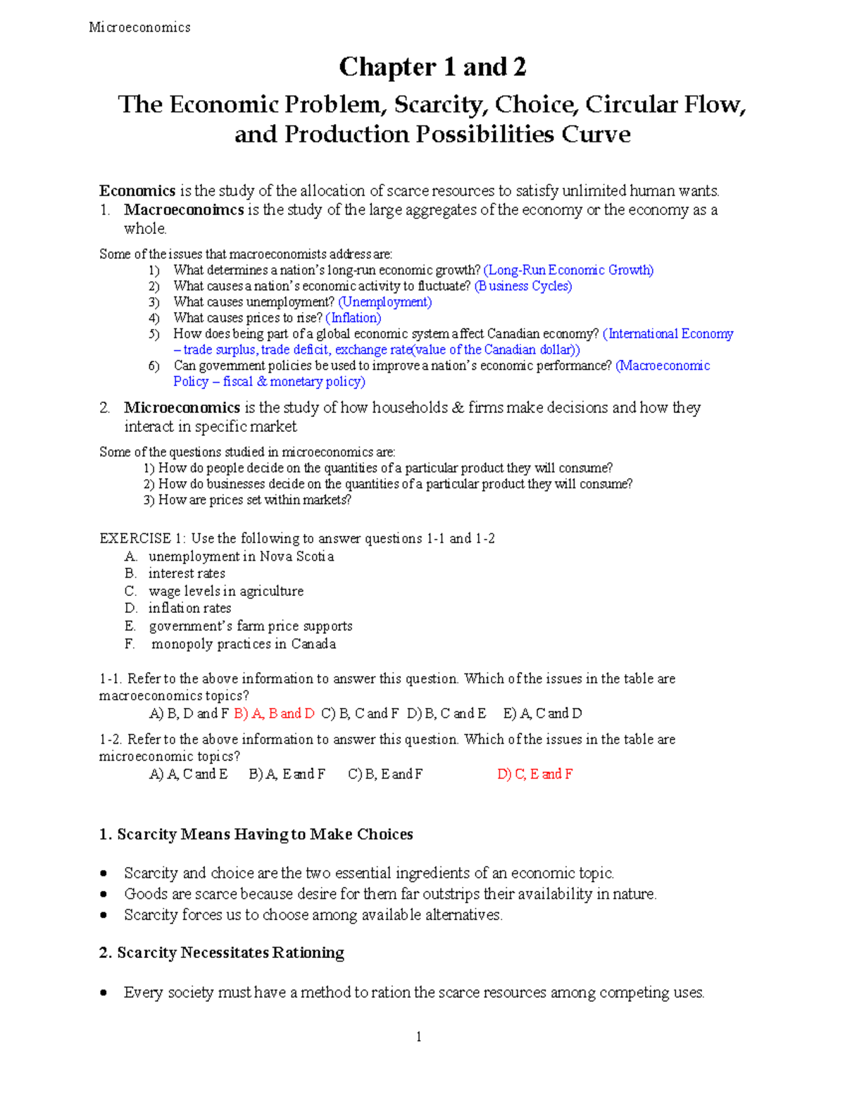 Microeconomics - Chapter 1 and 2 Practice Questions - Chapter 1 and 2 ...