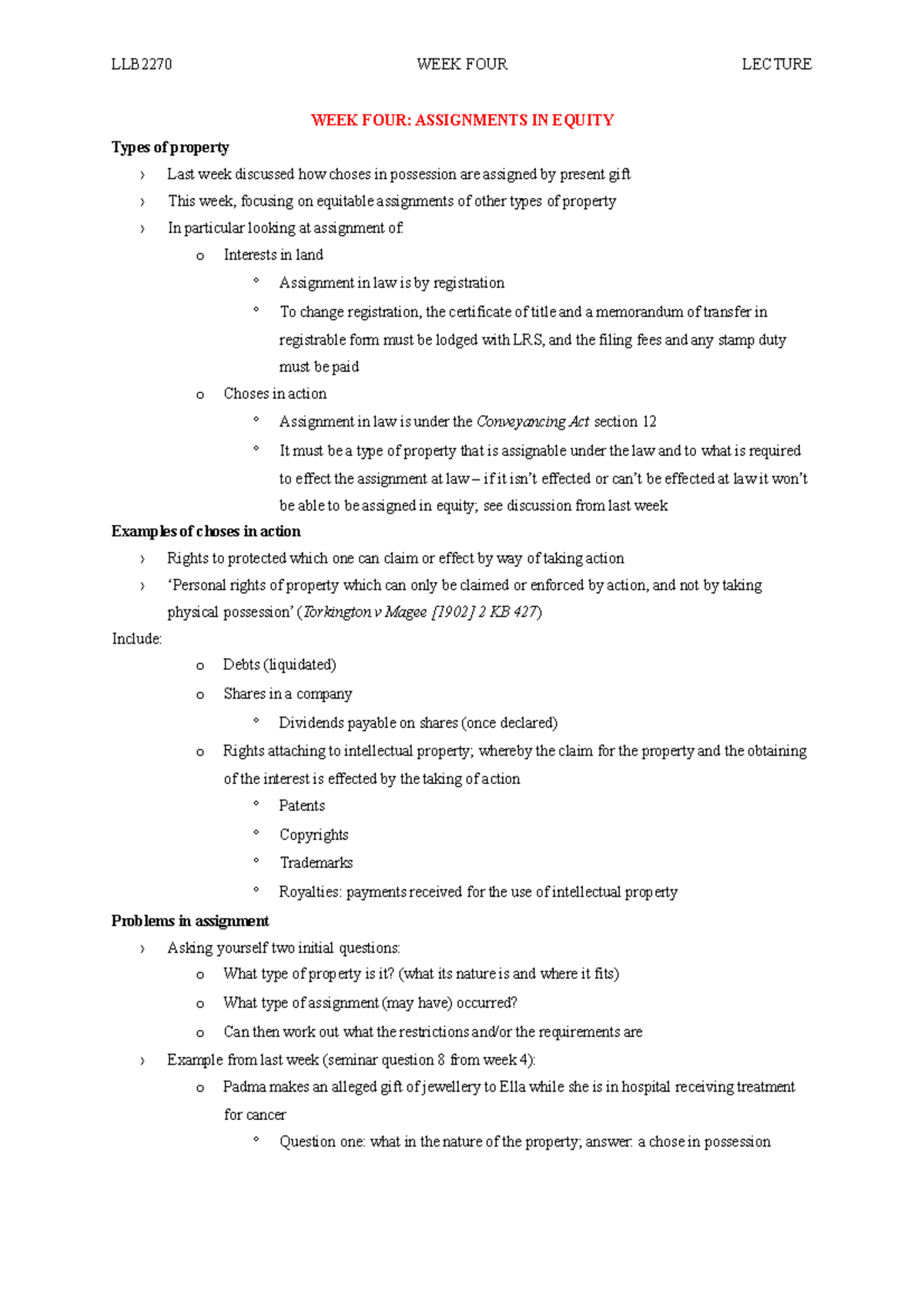 LLB2270 week four lecture - WEEK FOUR: ASSIGNMENTS IN EQUITY Types of ...