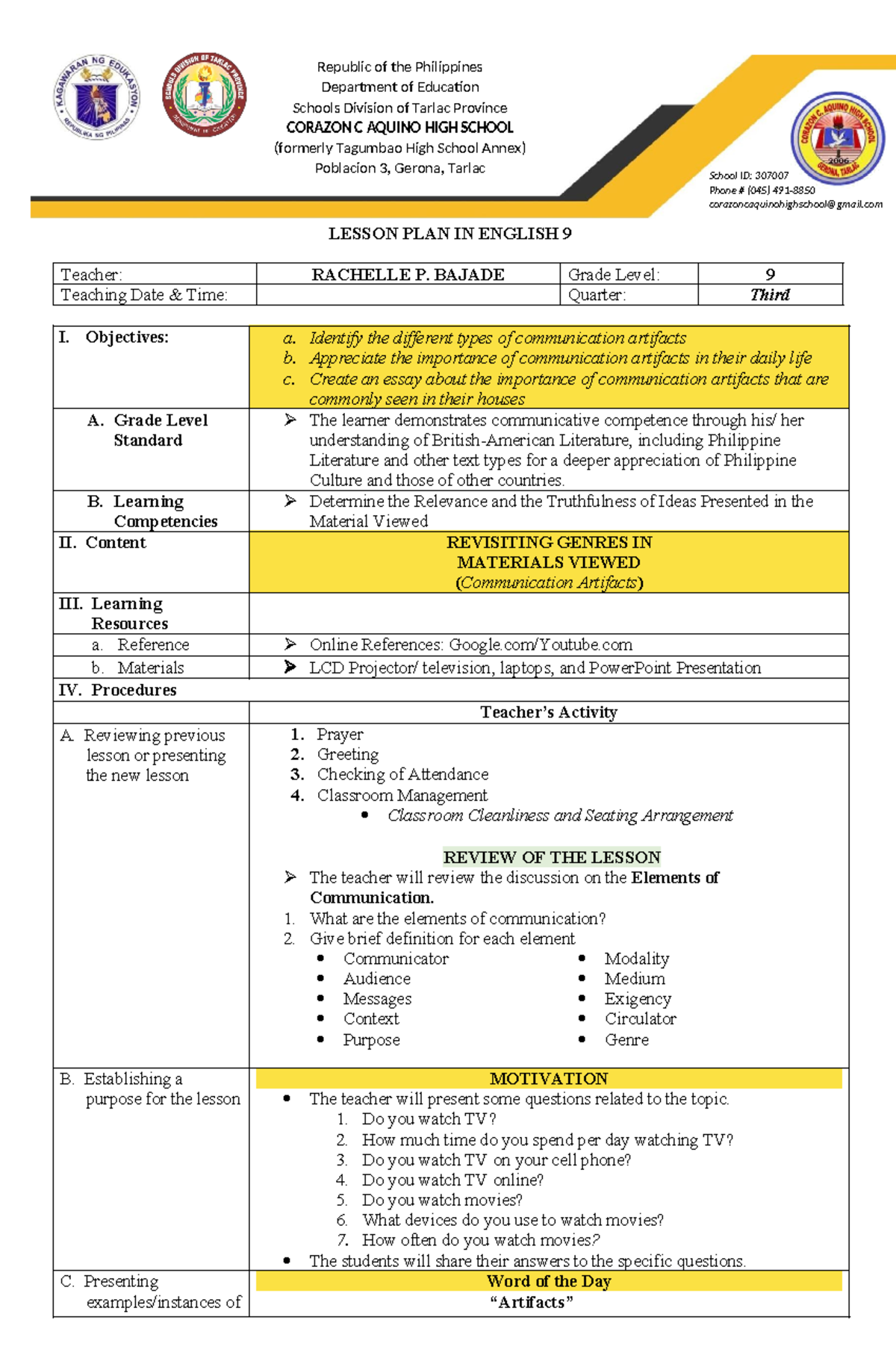 DLP 2 Communication Artifacts - LESSON PLAN IN ENGLISH 9 Teacher ...