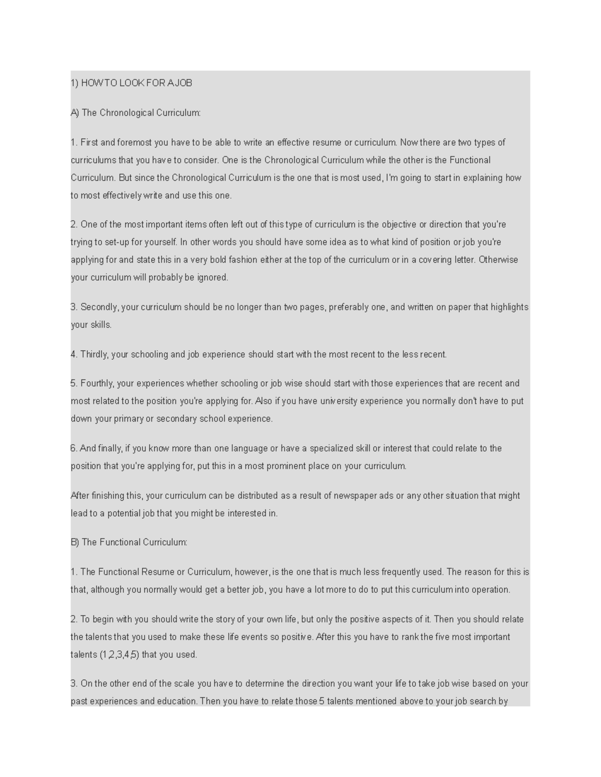 new microsoft document - 1) HOW TO LOOK FOR A JOB A) The Chronological ...