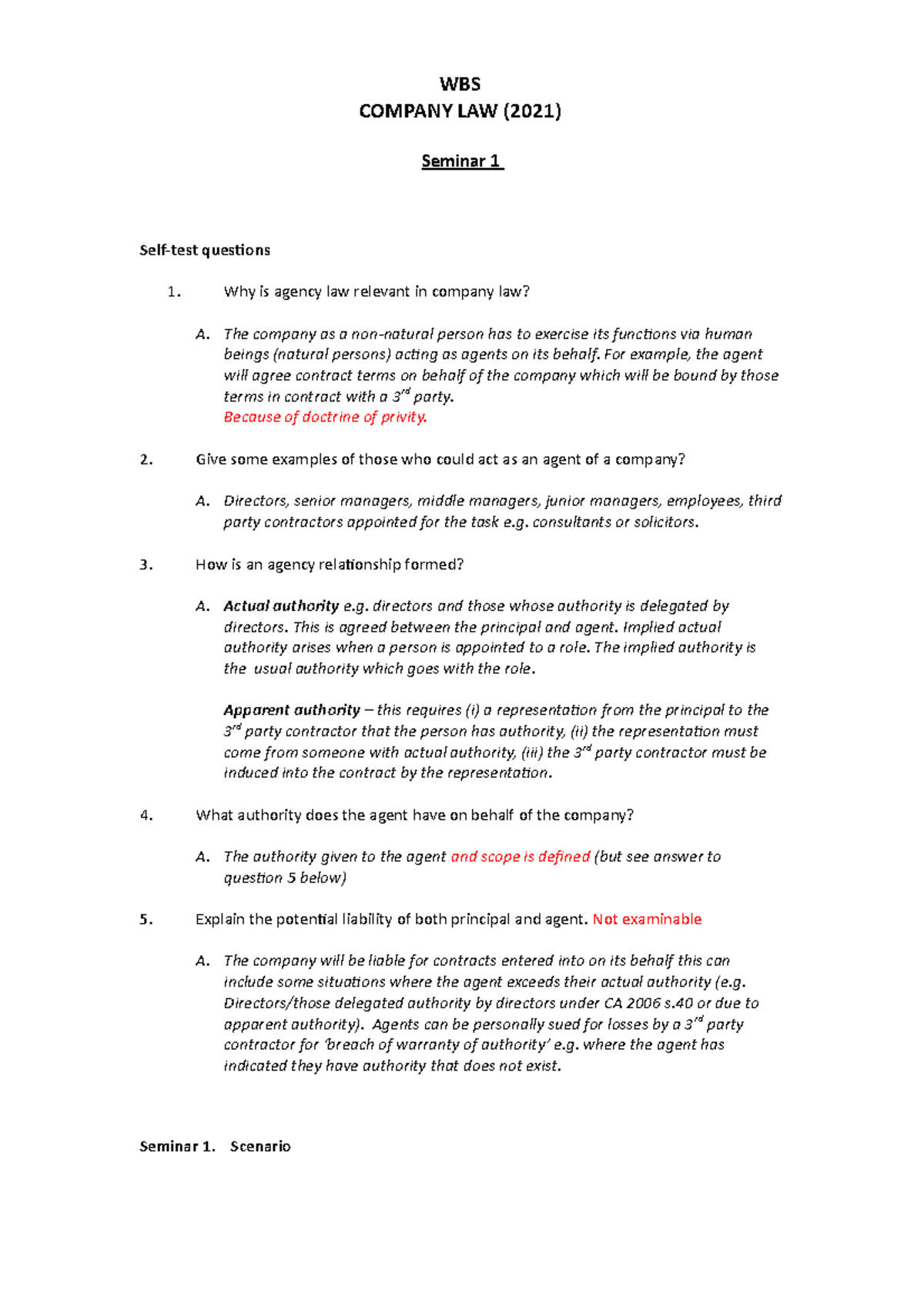 Company Law Seminar 1 Feedback 2021 - WBS COMPANY LAW (2021) Seminar 1 ...