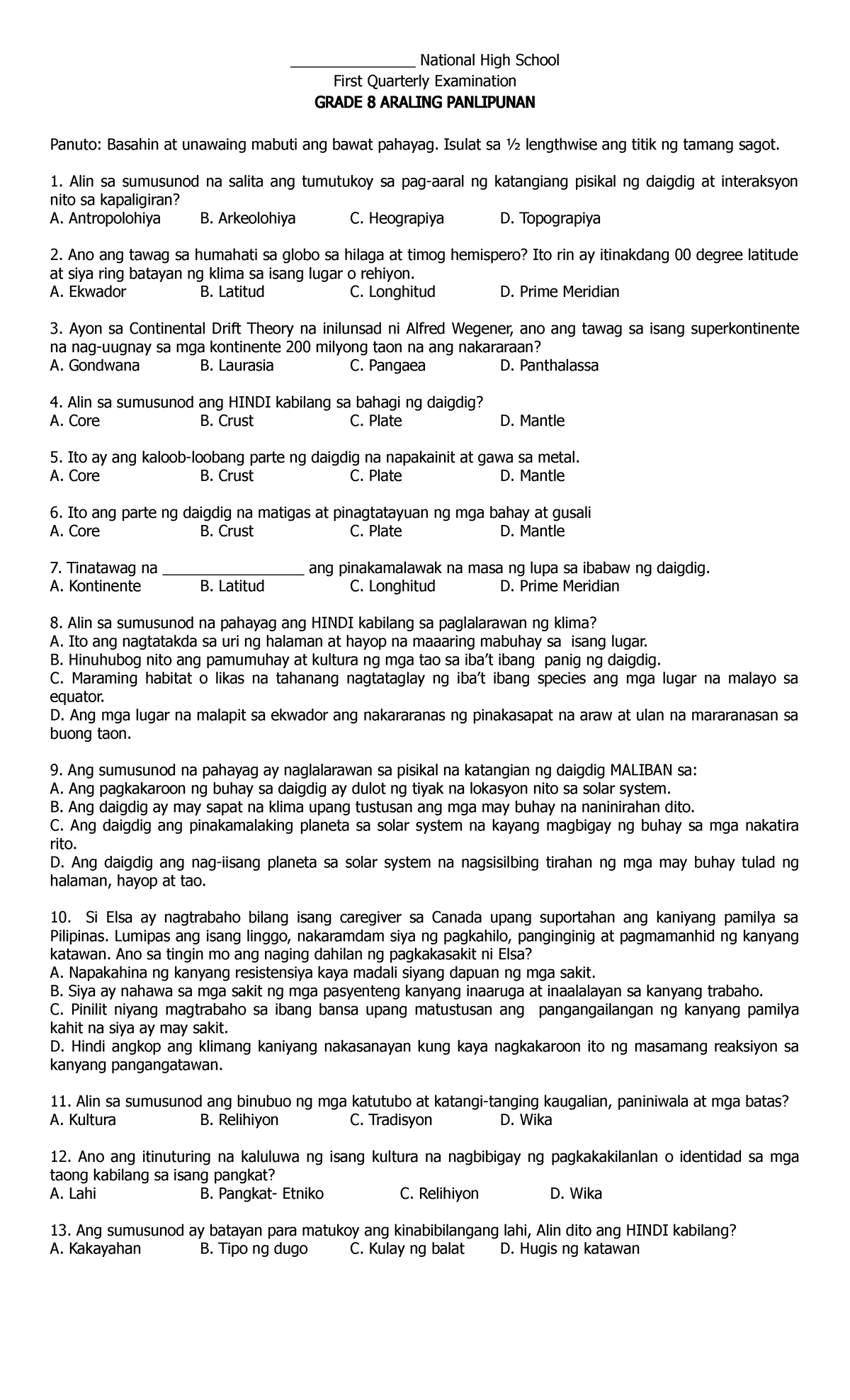 1st Periodical Exam AP8 - _______________ National High School First ...
