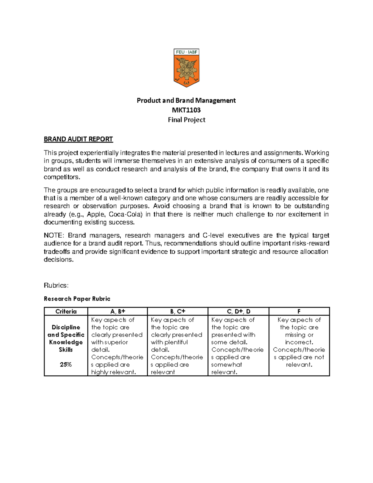 MKT1103Final Project - paper - Product and Brand Management MKT Final ...