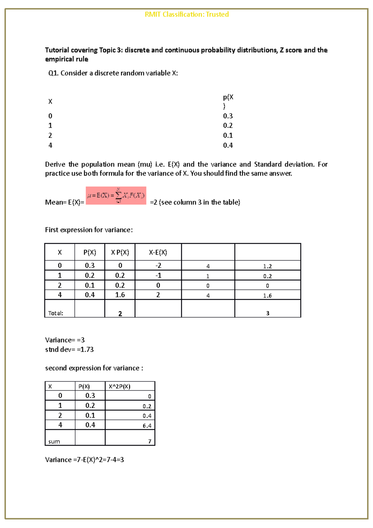 Tutorial covering Topic 3 - Solutions - Tutorial covering Topic 3: discrete and continuous - Studocu