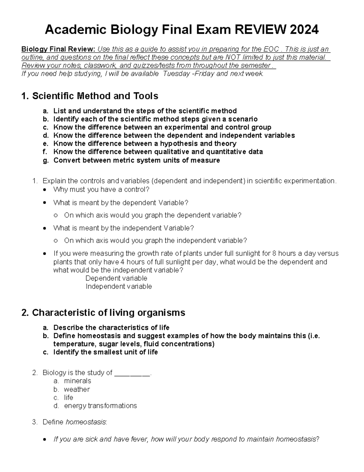Biology EOC Review (2024) - Academic Biology Final Exam REVIEW 2024 ...