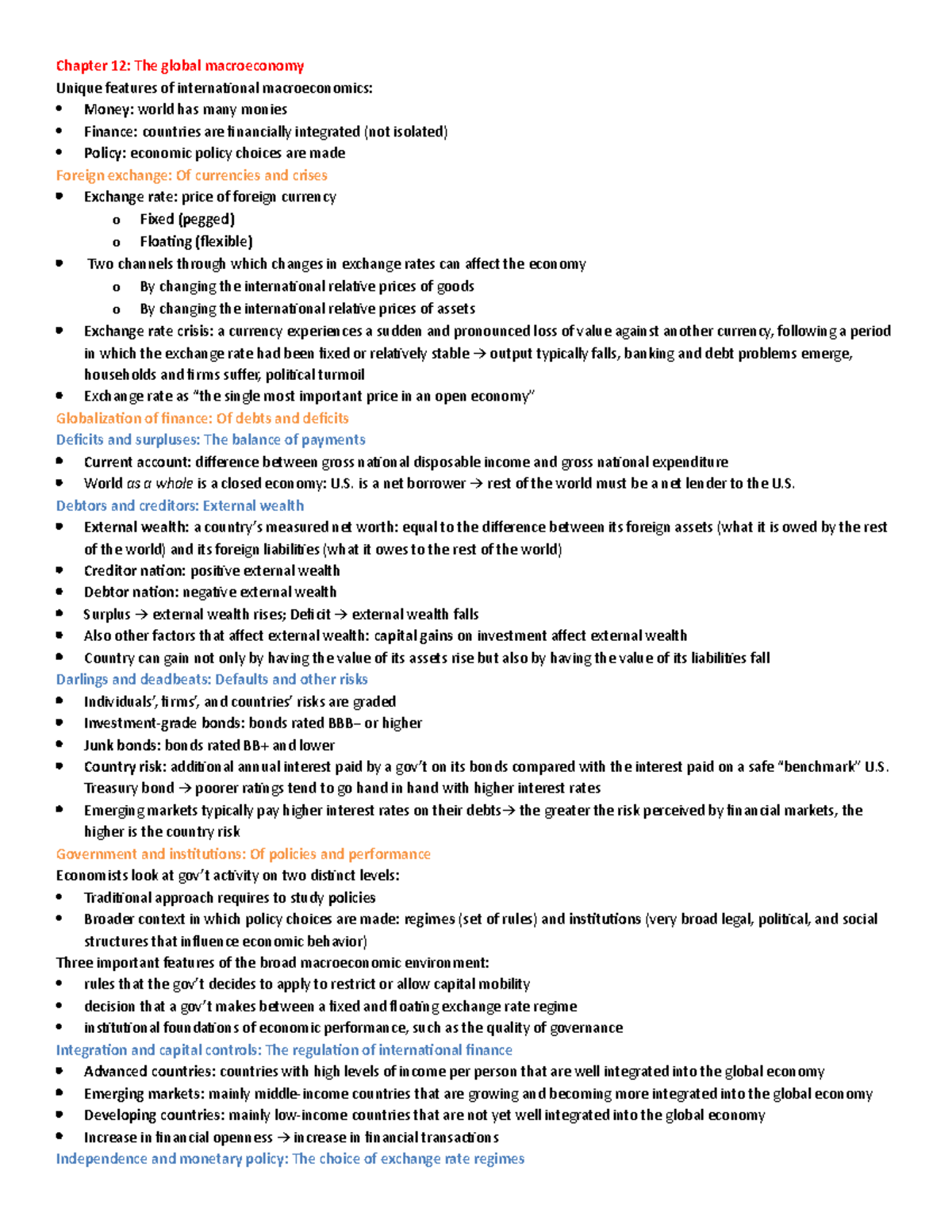 Chapter 12 - Chapter 12: The global macroeconomy Unique features of ...