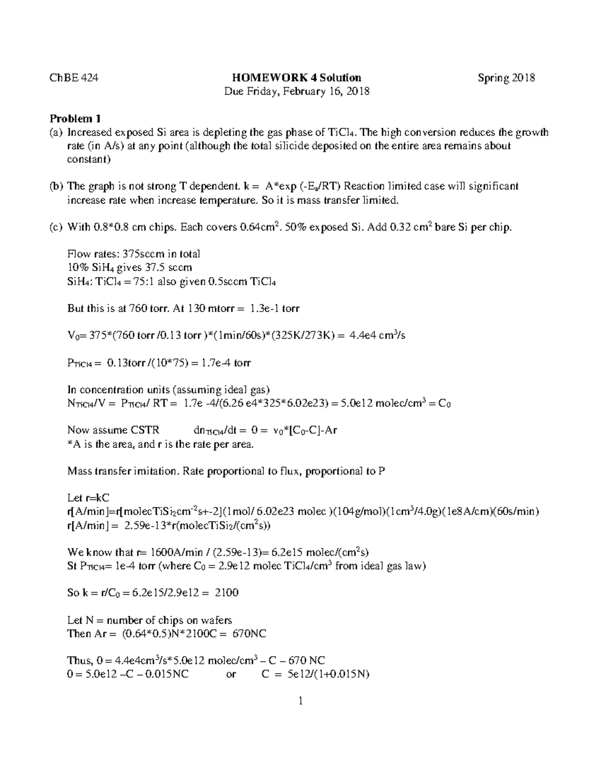 424 Homework 4 18S Solution - ChBE 424 HOMEWORK 4 Solution Due Friday ...