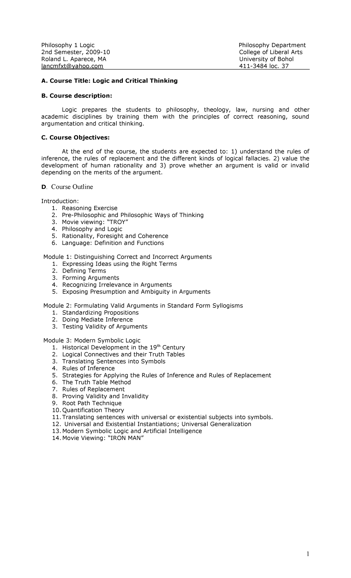 1st Sem 2008-19 Logic Syllabus - Philosophy 1 Logic Philosophy ...