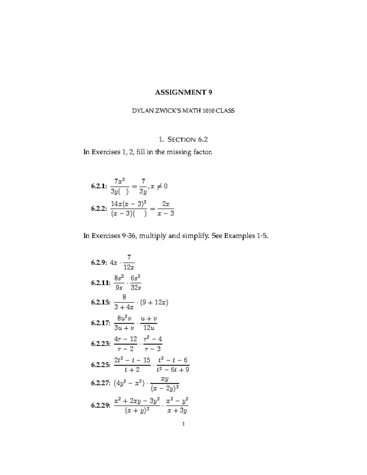 Seminar assignments - Assignment 9 - ASSIGNMENT 9 DYLAN ZWICK’S MATH ...