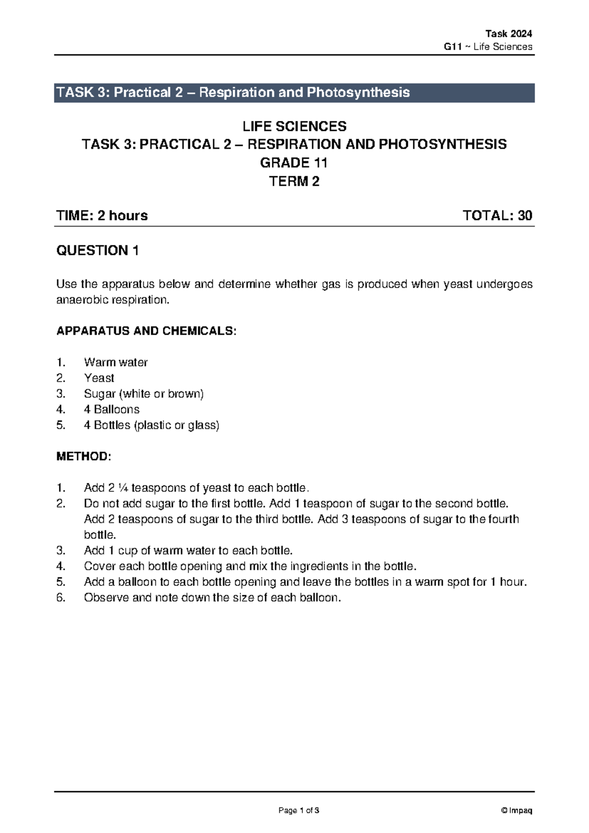 Life science task for term 2 - Task 2024 G11 ~ Life Sciences Page 1 of ...
