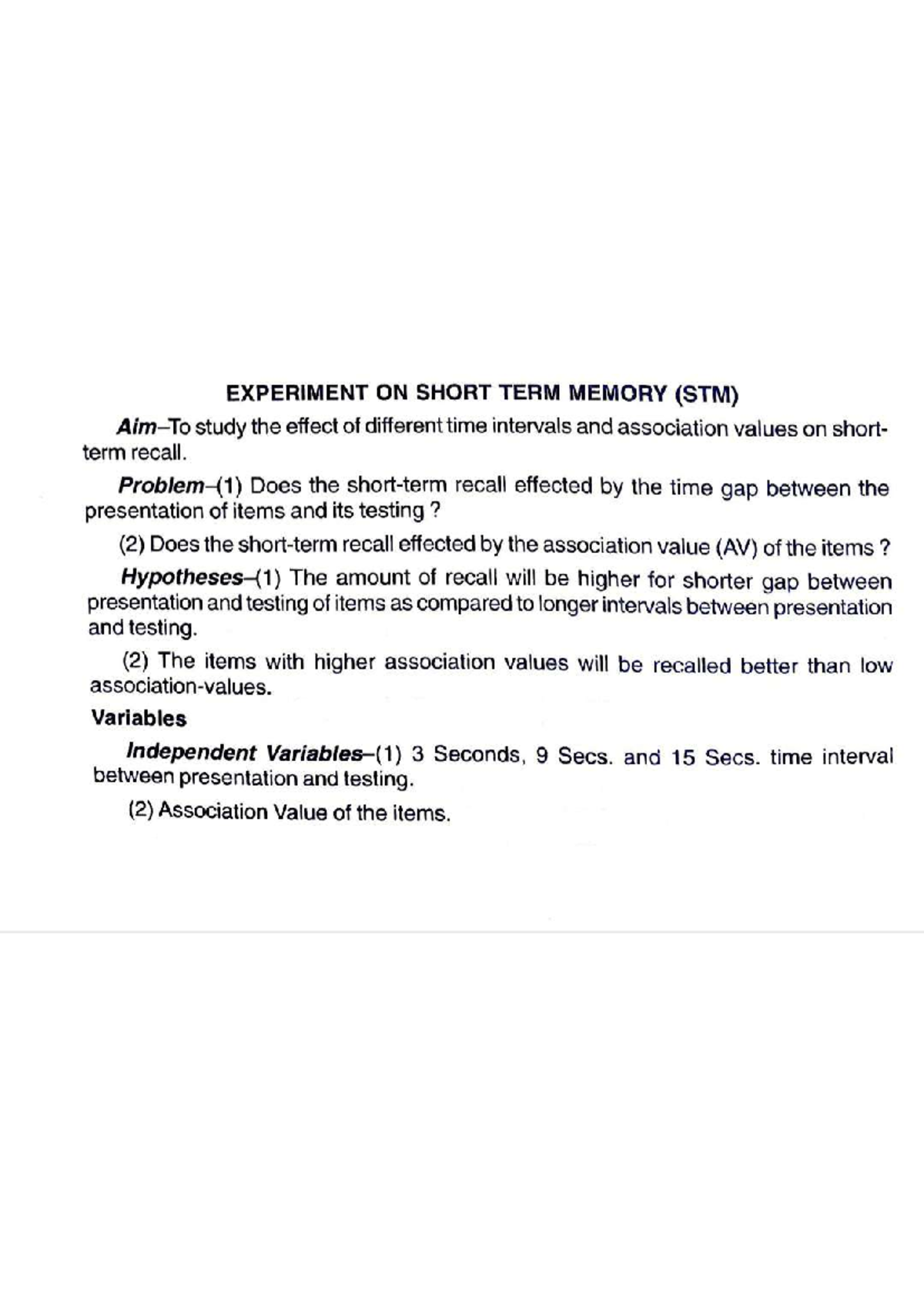 Short Term Memory Experiment - EXPERIMENT ON SHORT TERM MEMORY (STM ...