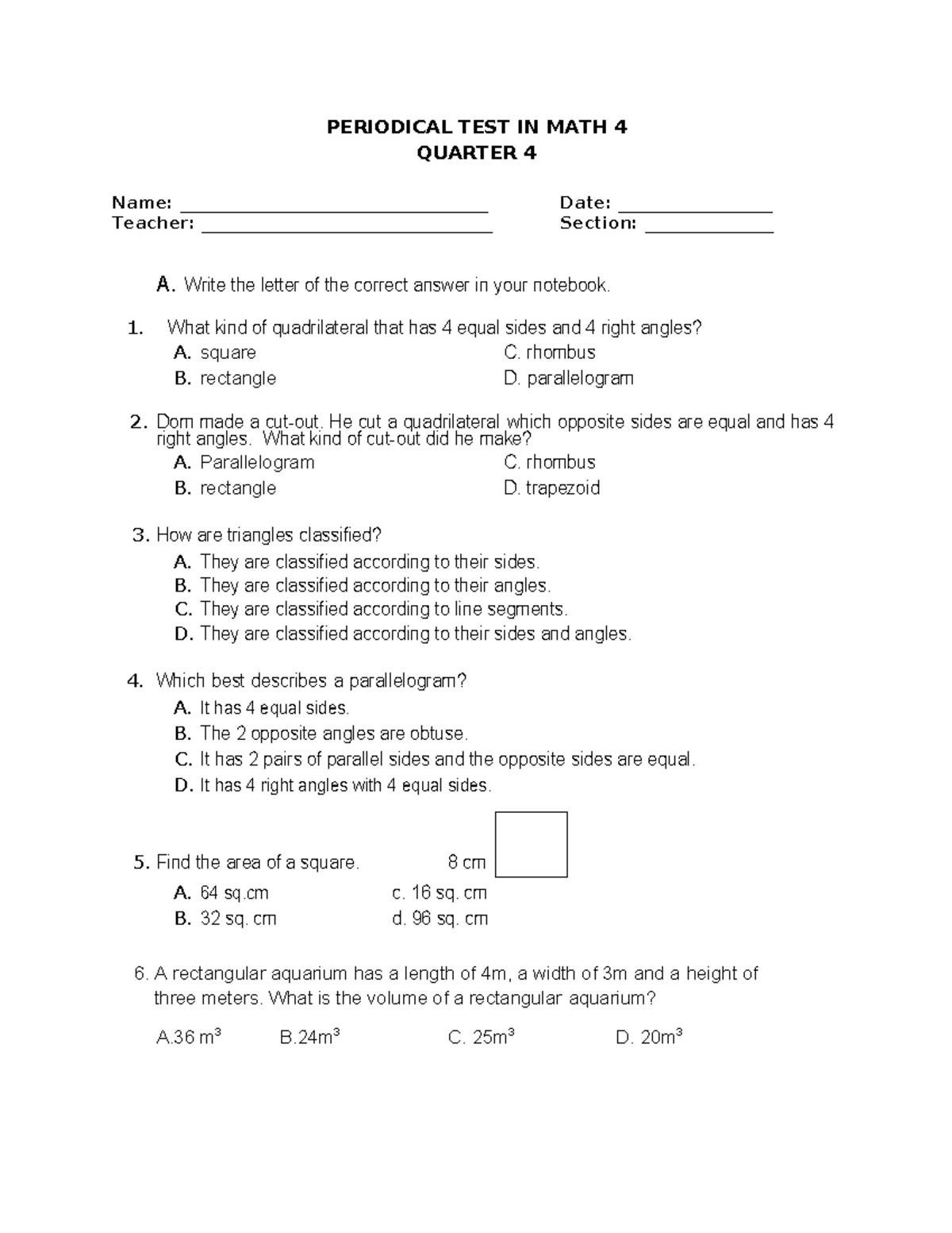 Math Q4 Periodic Test - gegeg - PERIODICAL TEST IN MATH 4 QUARTER 4 ...