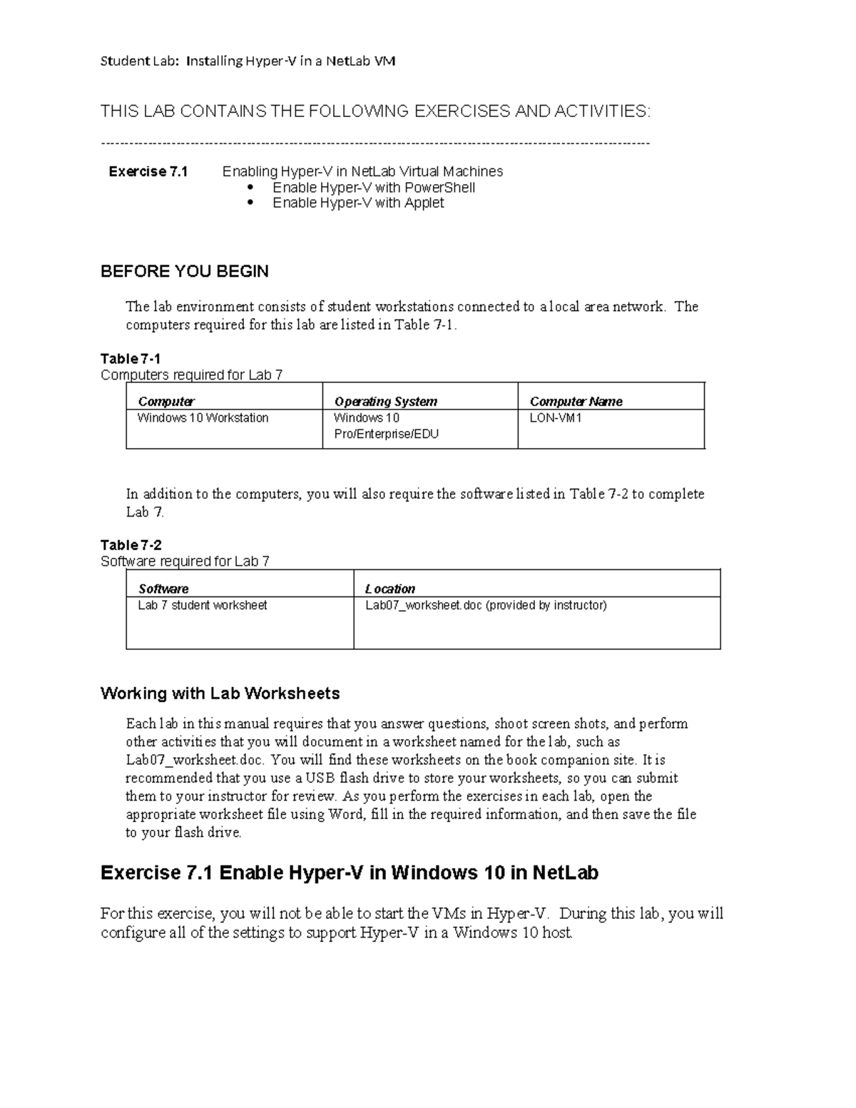 Student Lab - Enable Hyper-V in Santa Fe Net Lab - THIS LAB CONTAINS THE FOLLOWING EXERCISES AND ...