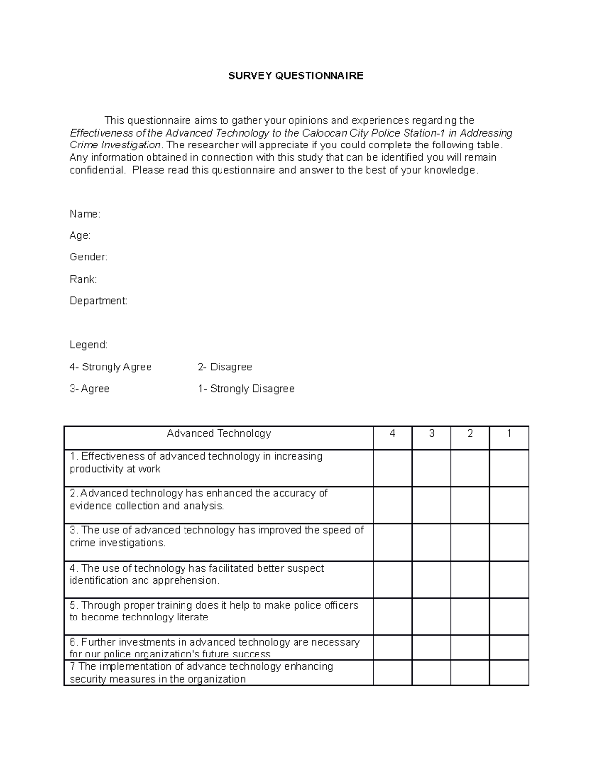 Survey Questionnaire - SURVEY QUESTIONNAIRE This questionnaire aims to ...