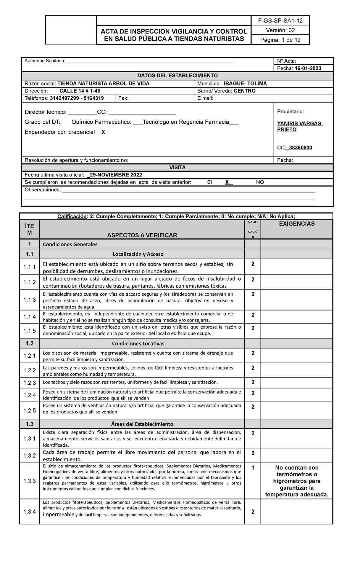 IVC Inspeccion Tienda Naturista - ACTA DE INSPECCION VIGILANCIA Y CONTROL EN SALUD PÚBLICA A ...