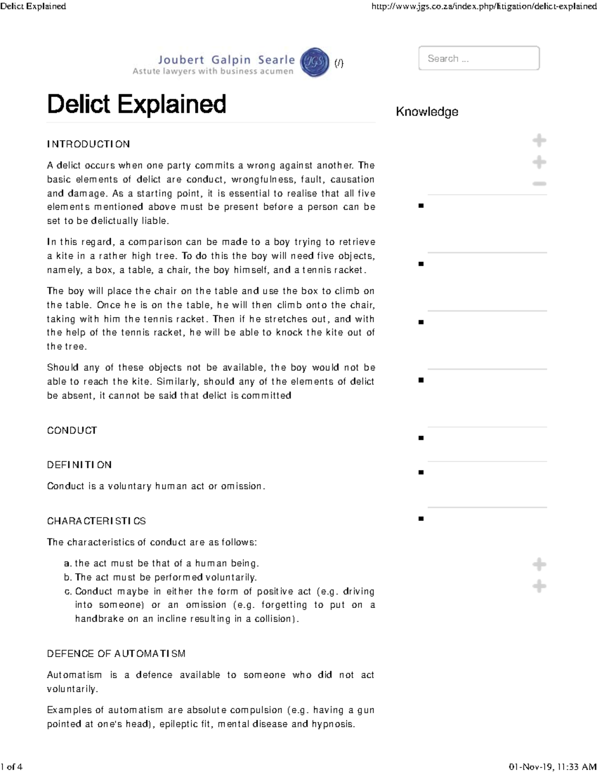Delict Explained - (/) Search ... I N TROD U CTI ON A delict occur s w ...