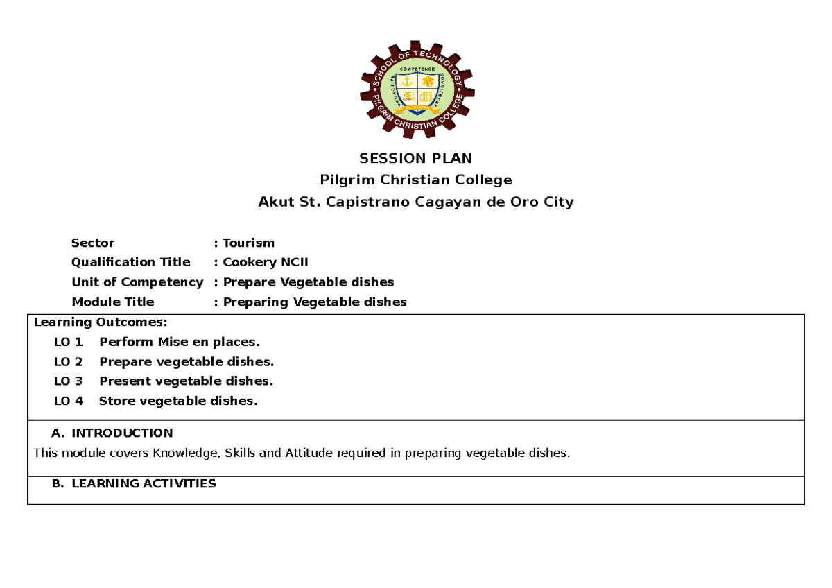 Session PLAN- cookery-NC II aldrich - SESSION PLAN Pilgrim Christian ...