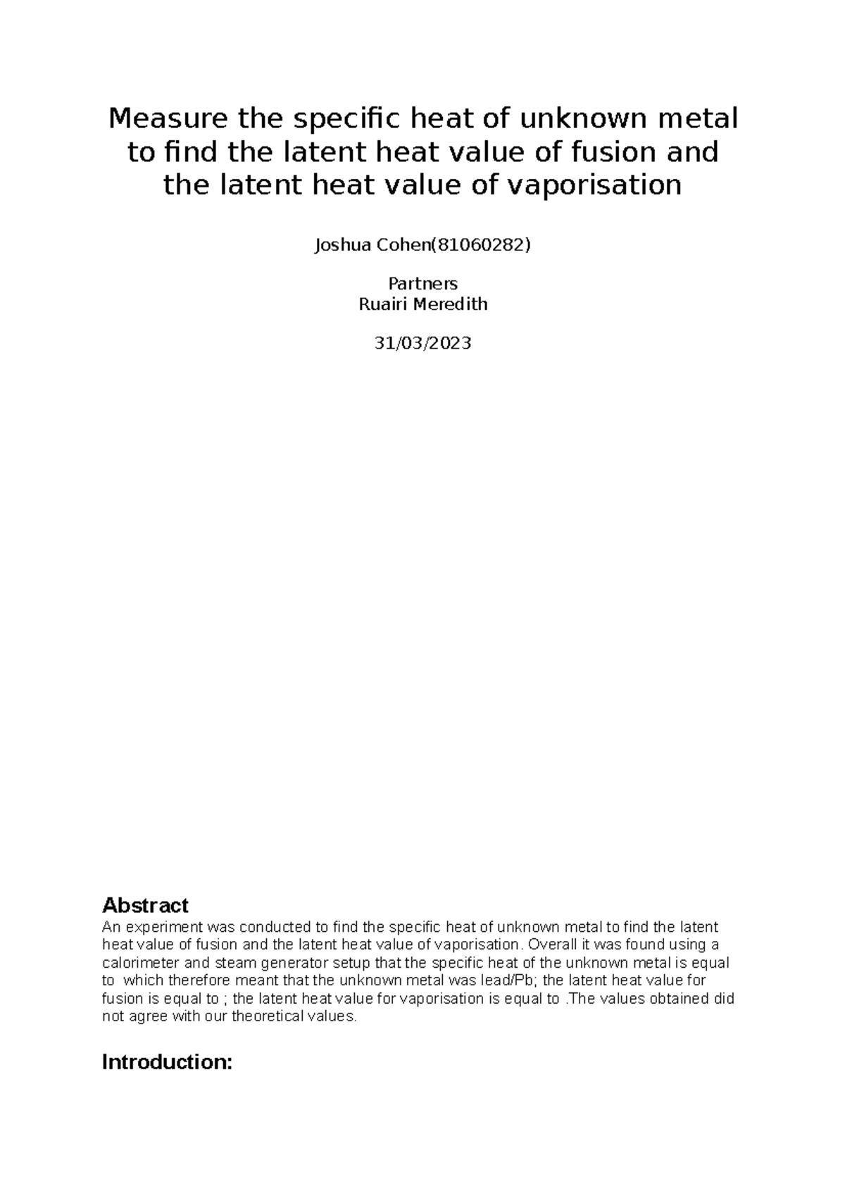 Lab Report - First year Thermodynamics lab report. 26/30 - Measure the ...