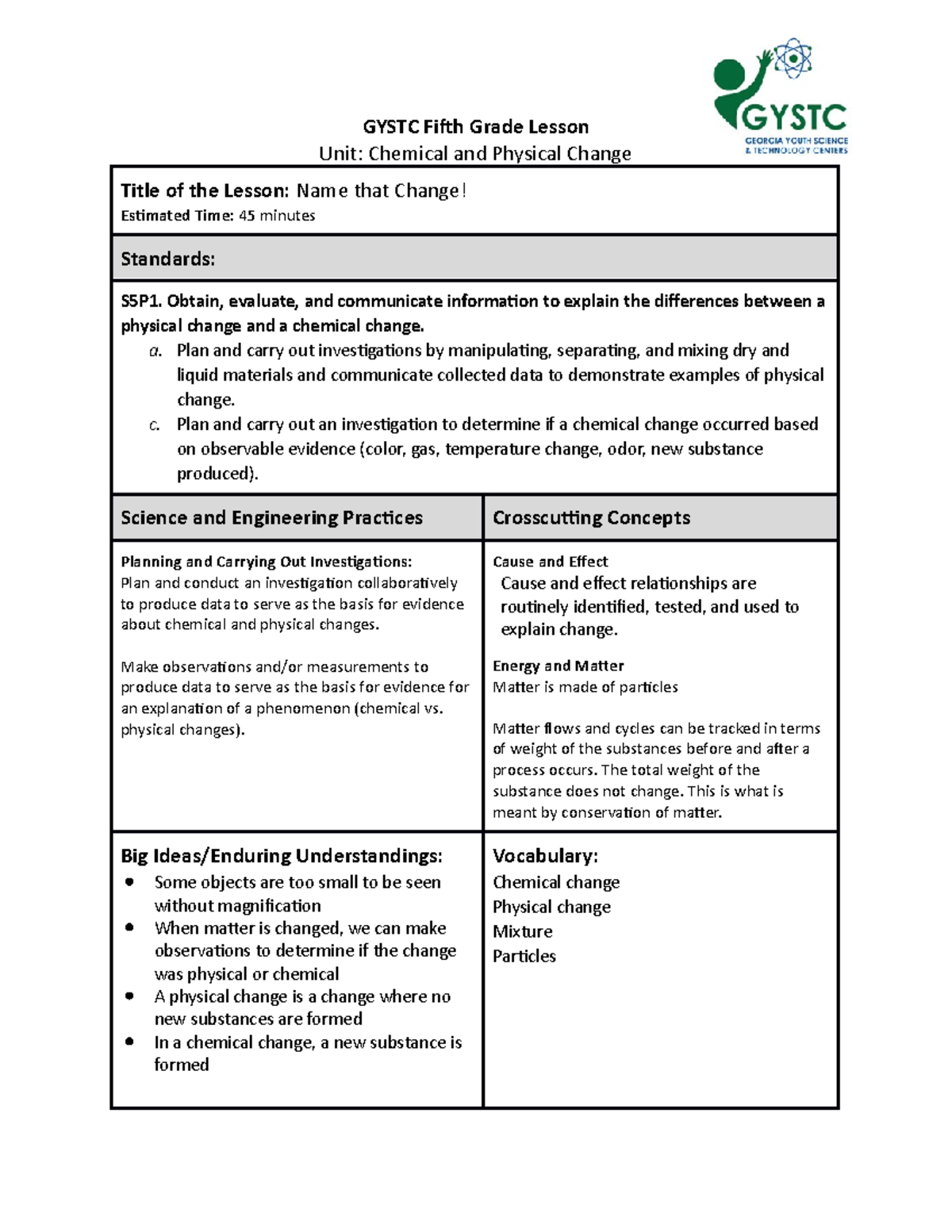 S5p1-physical and chemical changes-lesson 1 - GYSTC Fifth Grade Lesson ...