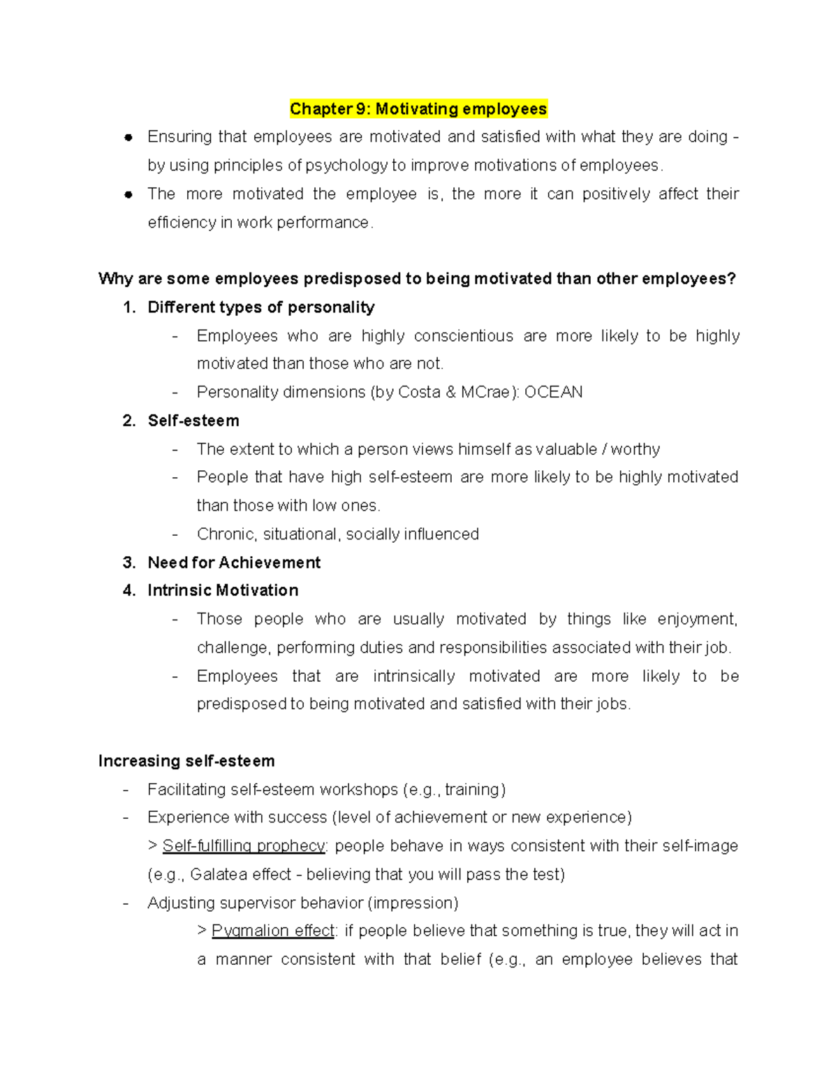 IO- Notes - Chapter 9: Motivating employees Ensuring that employees are ...