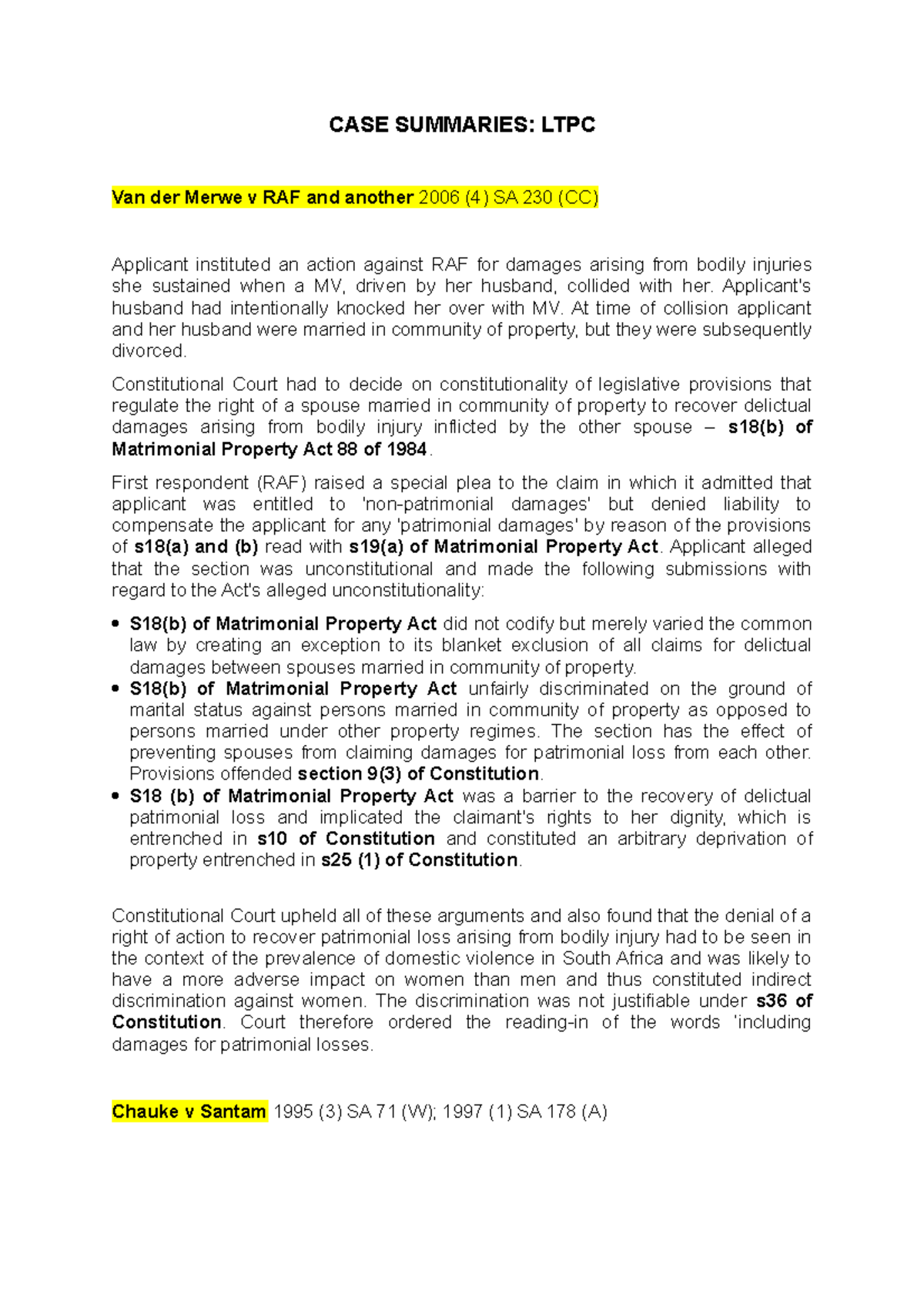 Case summaries LTPC - CASE SUMMARIES: LTPC Van der Merwe v RAF and ...