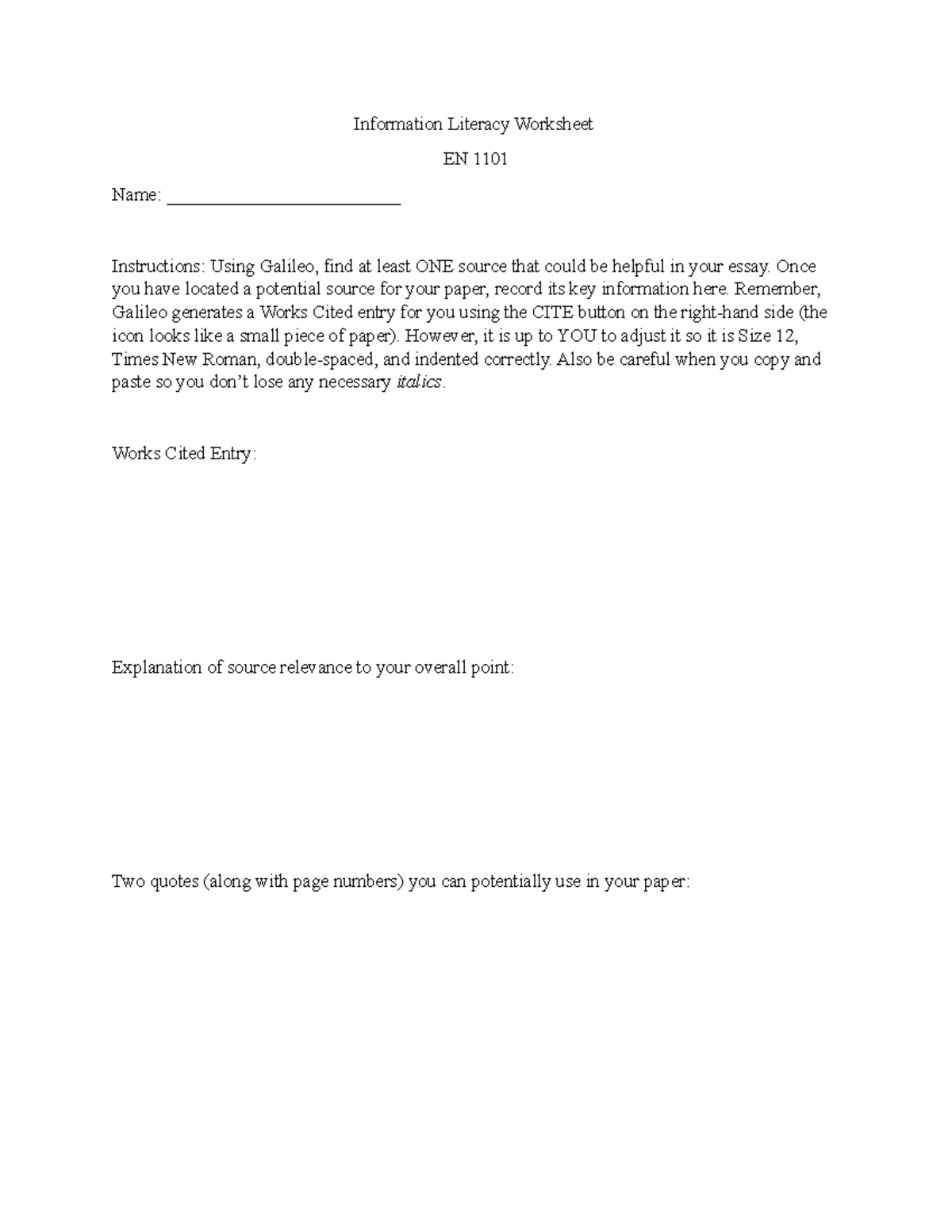 Galileo Sources Check - chap 4 - Information Literacy Worksheet EN 1101 ...