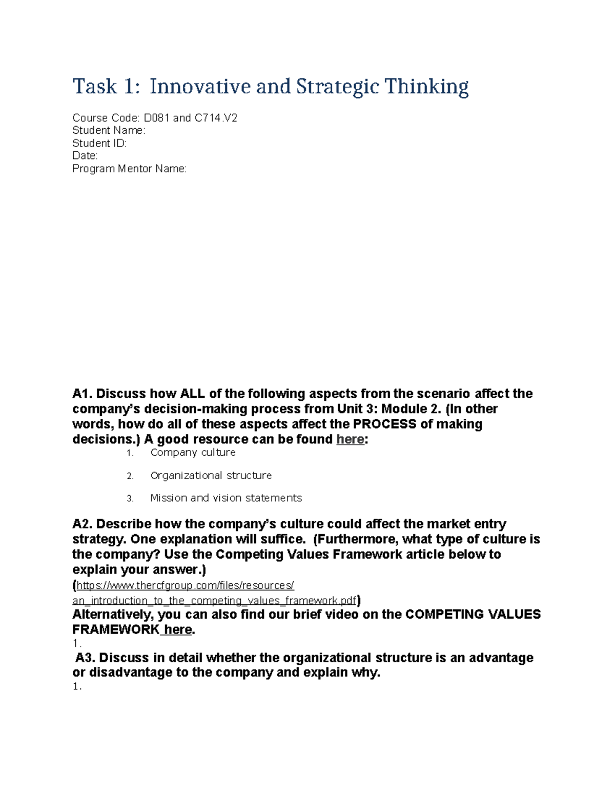 Task One Template b - Task 1: Innovative and Strategic Thinking Course ...