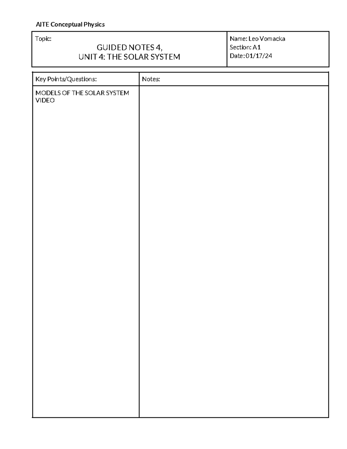 Leo Vomacka - Unit 4 Guided Notes 4 - HIS 201 - AITE Conceptual Physics ...