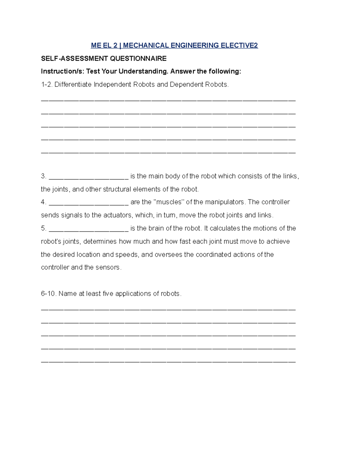Assign 60 - Mechanical Engineering Elective 2 SELF-ASSESSMENT QUESTIONNAIRE AND KEYPOINTS - ME ...