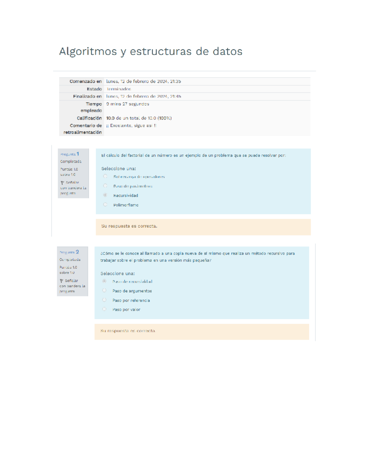 Revision del examen semana 5 - Algoritmos y estructuras de datos Comenzado en lunes, 12 de ...