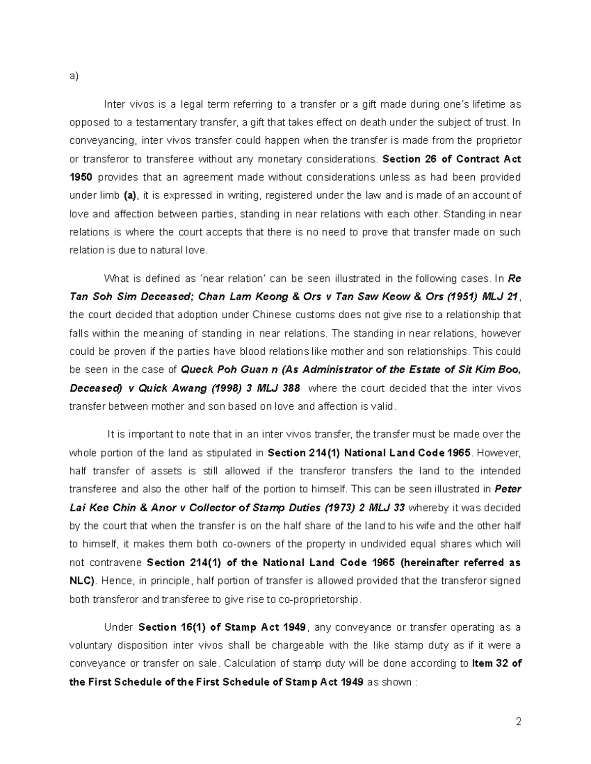 LAW512 Final EXAM Submission - a) Inter vivos is a legal term referring ...