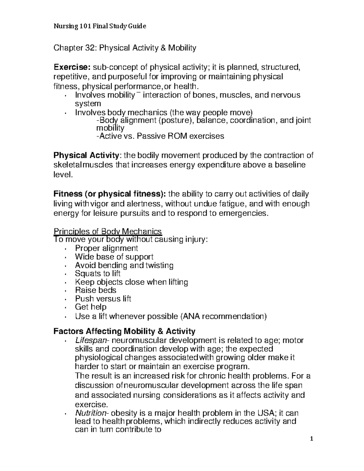 NUR 101 Final Study Guide - Chapter 32: Physical Activity & Mobility ...