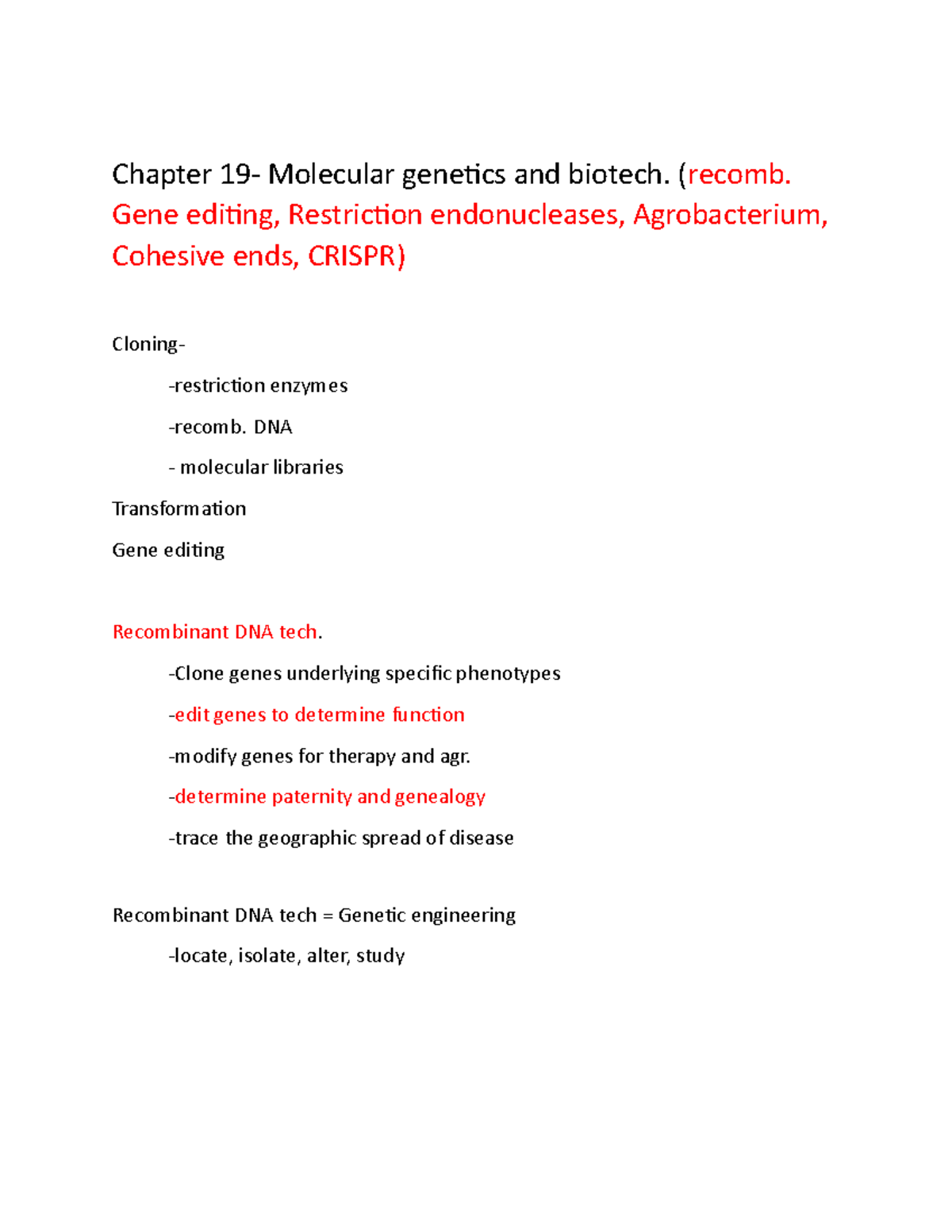 Final study - last quarter overview - Chapter 19- Molecular genetics ...