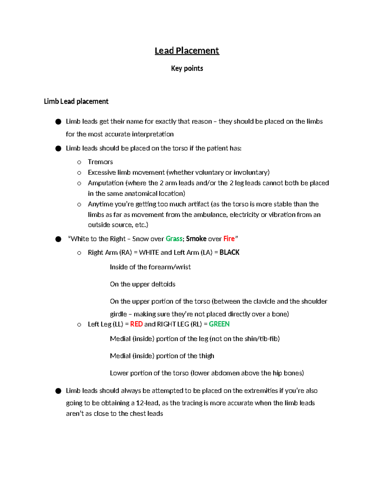 Lead Placement notes - Lead Placement Key points Limb Lead placement ...