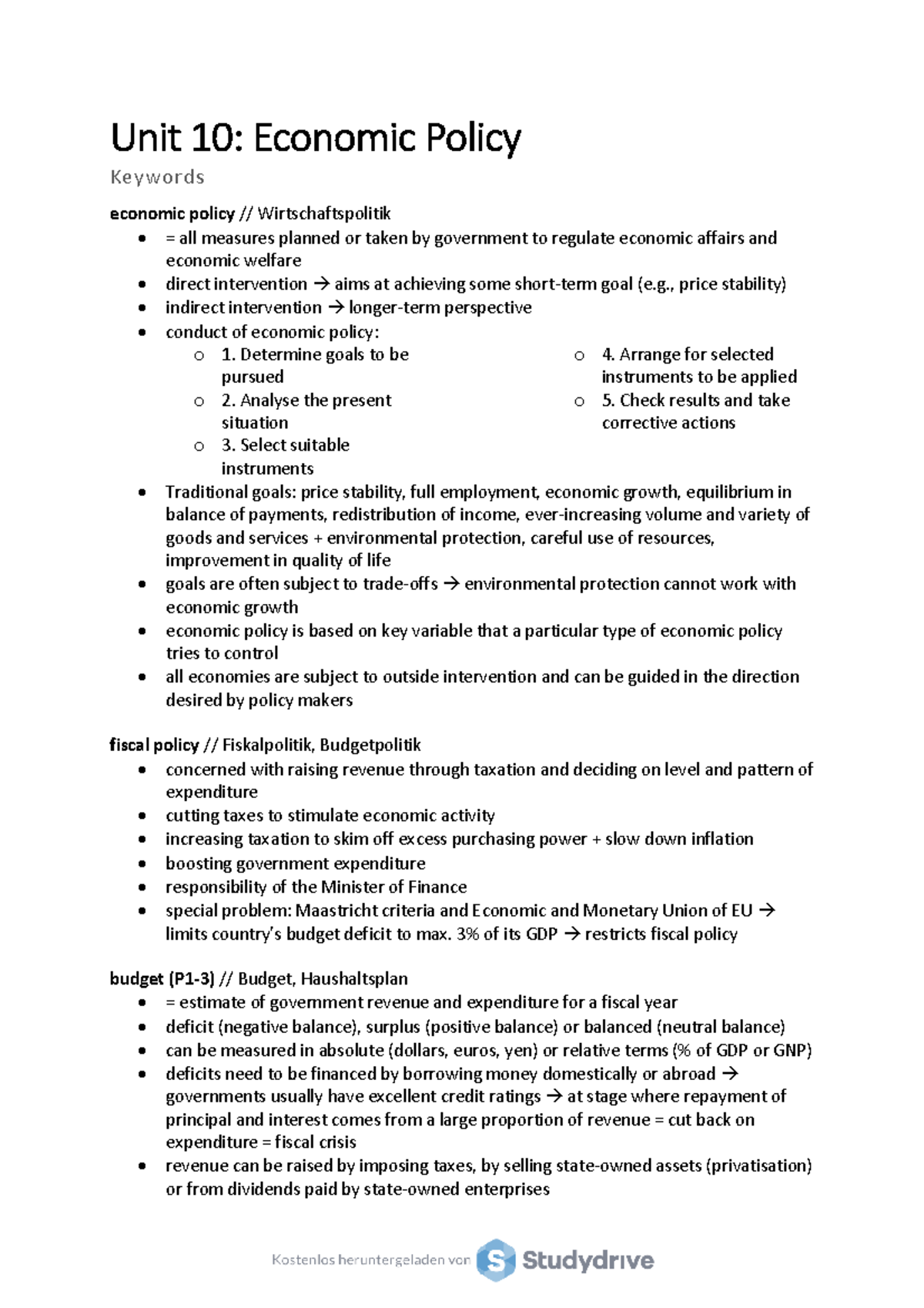 EBC 2 Unit 10 - EBC 2 Unit 10 - Unit 10: Economic Policy Keywords ...