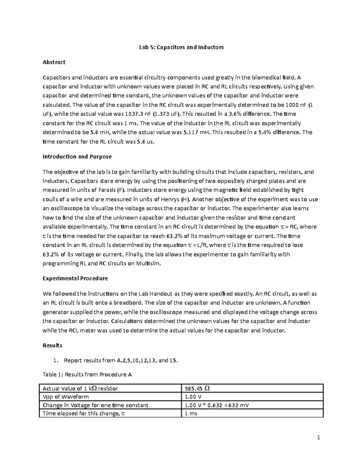 BME210 Lab 5 Report - Lab 5: Capacitors and Inductors Abstract ...