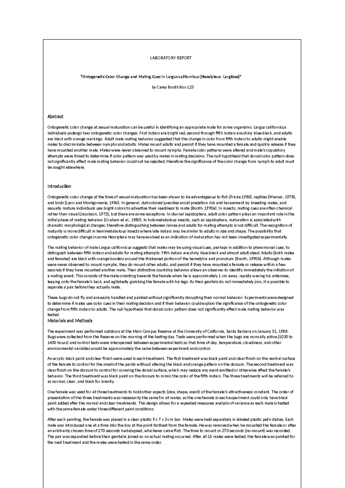 Laboratory Report - LABORATORY REPORT “Ontogenetic Color Change and ...