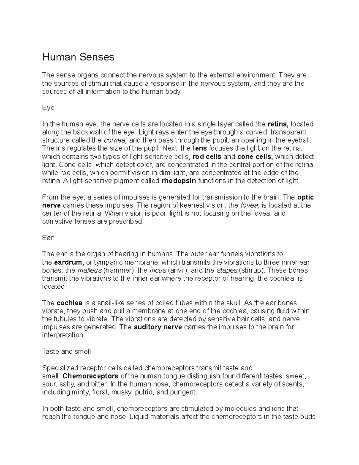 Human Senses - notes - Human Senses The sense organs connect the ...