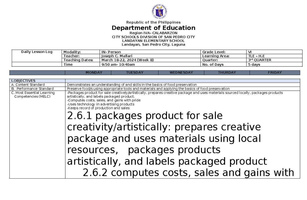 DLL TLE-HE Q3 W8 - Republic of the Philippines Department of Education Region IVA- CALABARZON ...