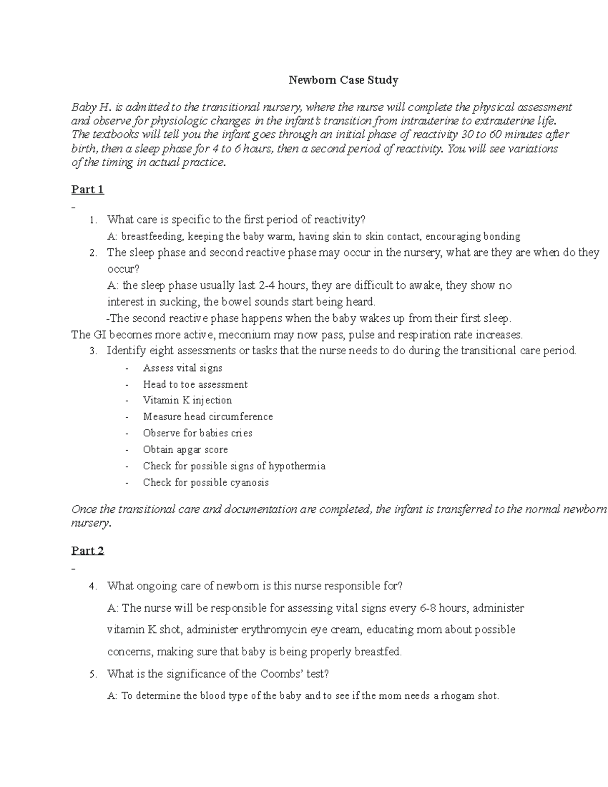 Newborn Case Study - Newborn Case Study Baby H. is admitted to the ...