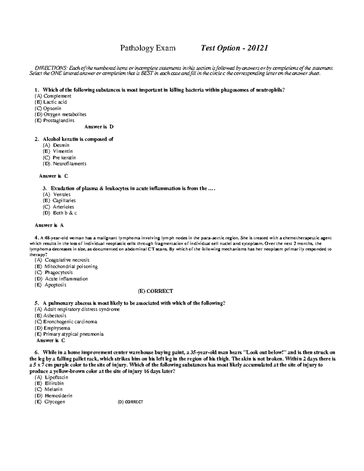 1 - finals - Pathology Exam Test Option - 20121 DIRECTIONS: Each of the ...